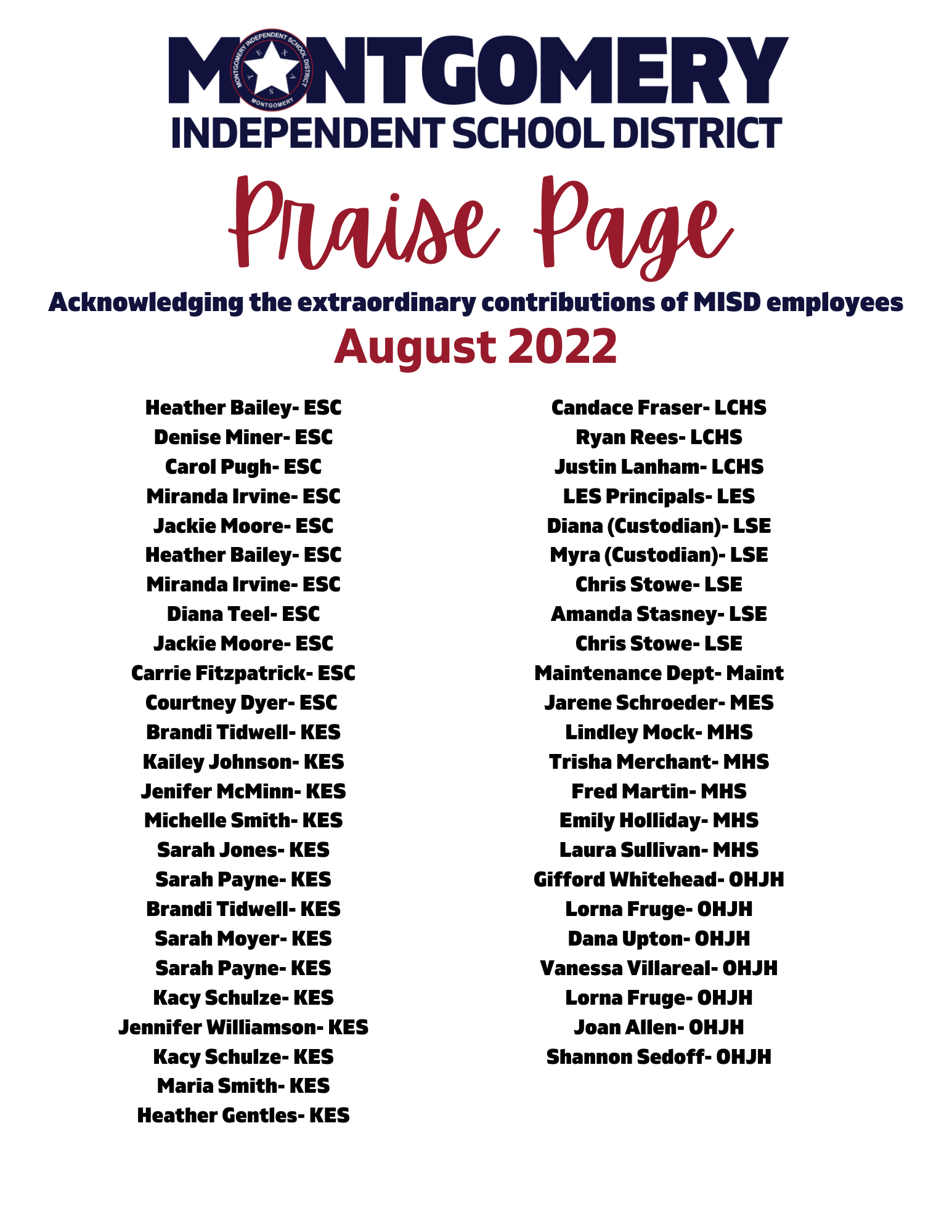 Montgomery ISD August Praise Page – The MISD Premier Blog